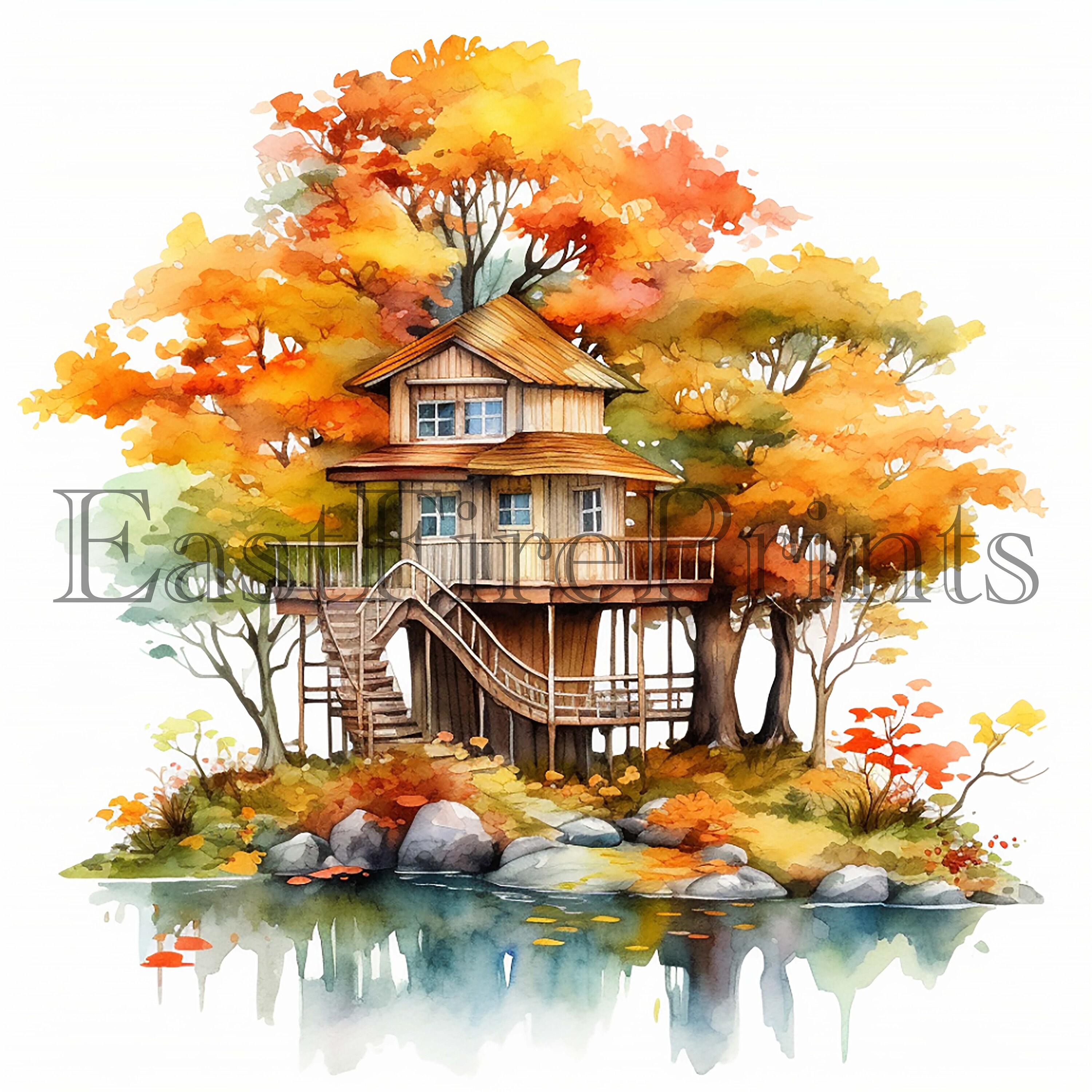 Watercolor Fall Tree House Clipart Forest Clipart Autumn - Etsy