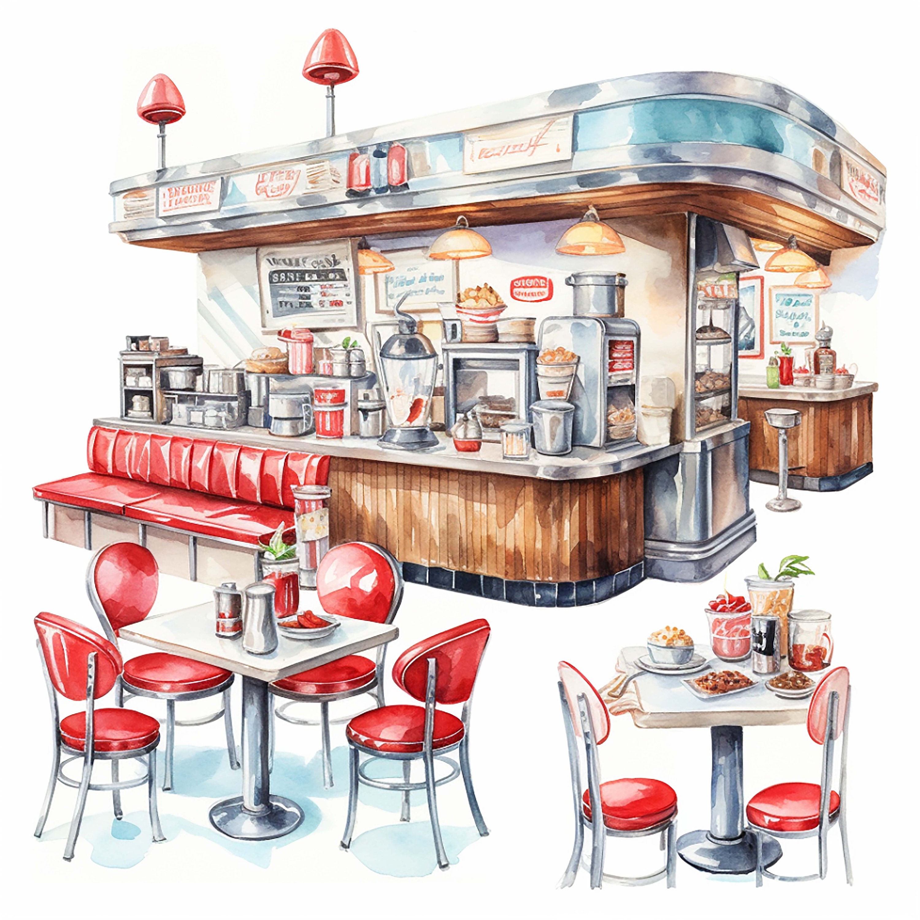 Diner Scene Clipart High Quality Png Retro Clipart Diner - Etsy