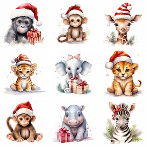 Watercolor Baby Safari Animals Christmas Clipart, Cute Adorable Xmas ...
