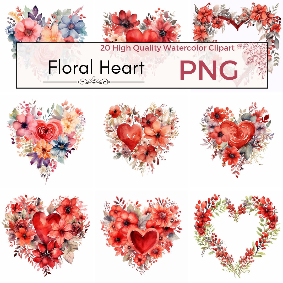 20 Watercolor Floral Hearts Clipart, Flower Heart Valentine ...