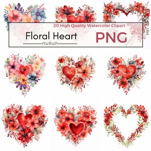 20 Watercolor Floral Hearts Clipart, Flower Heart Valentine ...