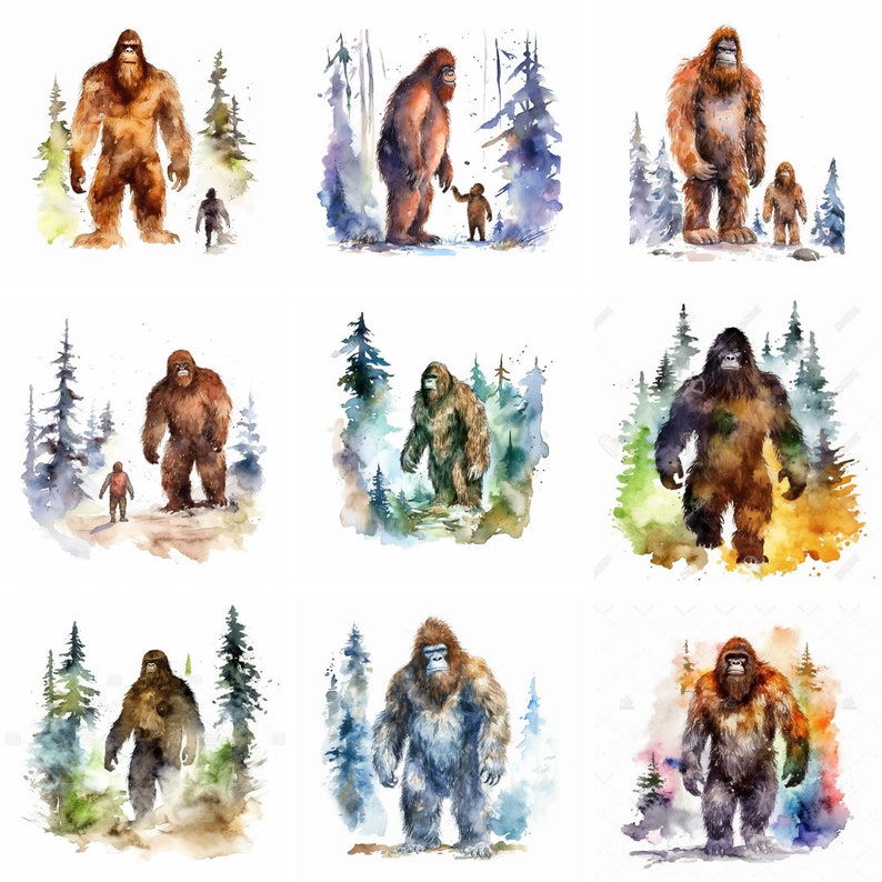 Set of 20 Watercolor Bigfoot Clipart Sasquatch Illustrations - Etsy