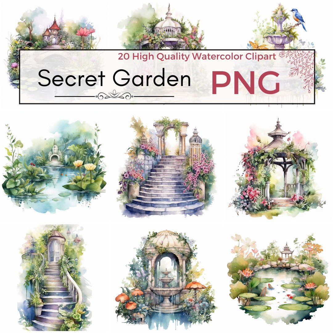 20 Watercolor Secret Garden Clipart, Spring Clipar, PNG, Whimsical ...