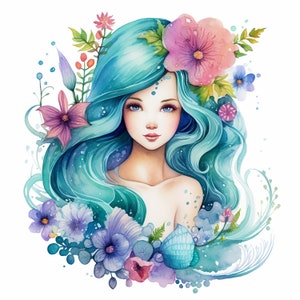 Watercolor Floral Mermaid Clipart, High Quality JPG, Cute Mermaid ...