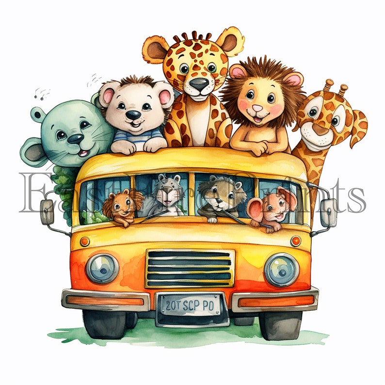 Watercolor Safari Animals on School Bus Clipart High Quality - Etsy