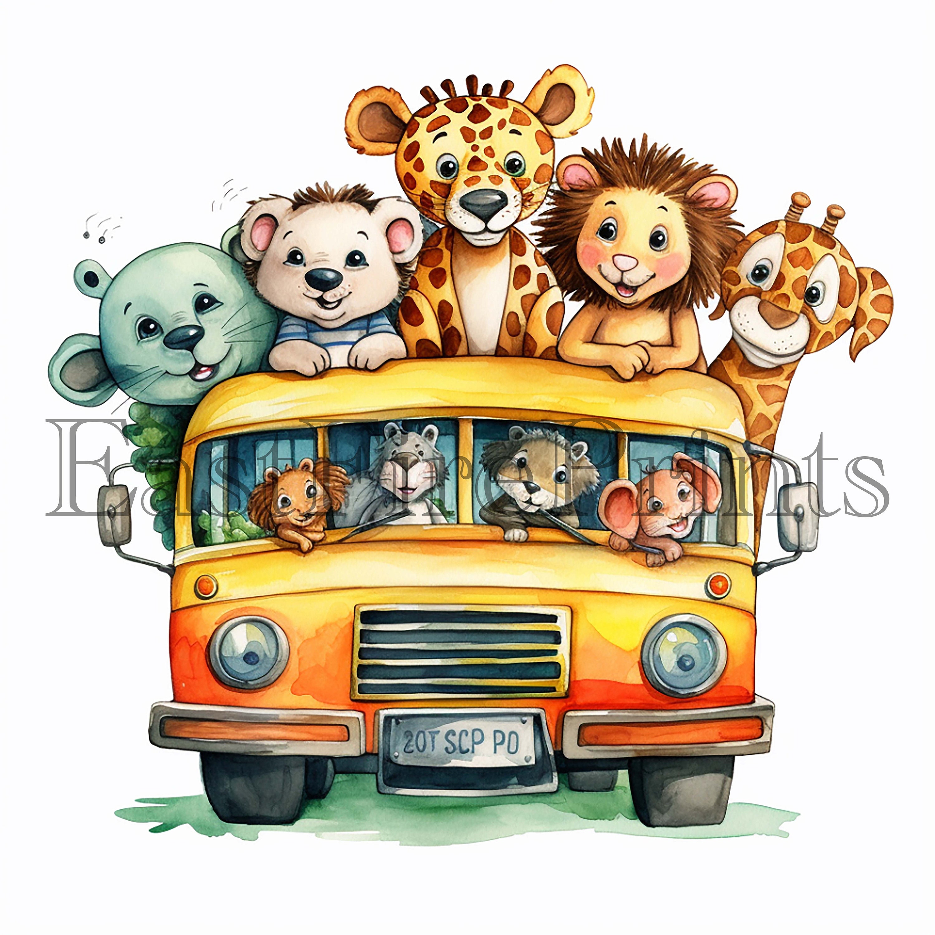 Watercolor Safari Animals on School Bus Clipart High Quality - Etsy