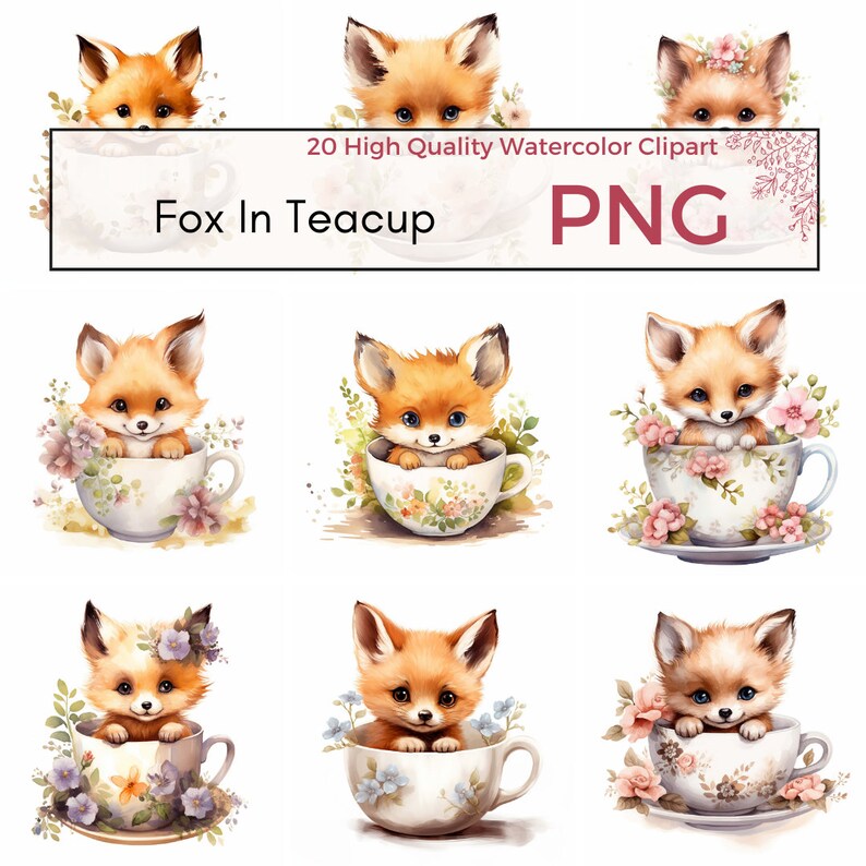 Fox in Teacup Clipart High Quality PNG Cute Woodland Animals - Etsy