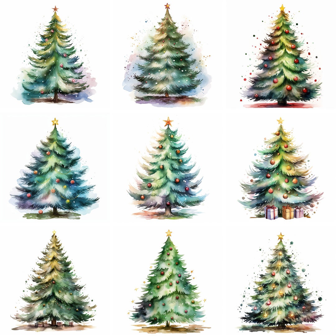 20 Watercolor Christmas Tree Clipart PNG Files, Xmas Clip Art Graphics ...