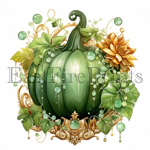 Gem Green Pumpkin Clipart Bundle, Watercolor Clipart, Halloween Clipart ...