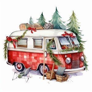Watercolor Christmas Camper Van Clipart, High Quality JPG, Camper Clip ...