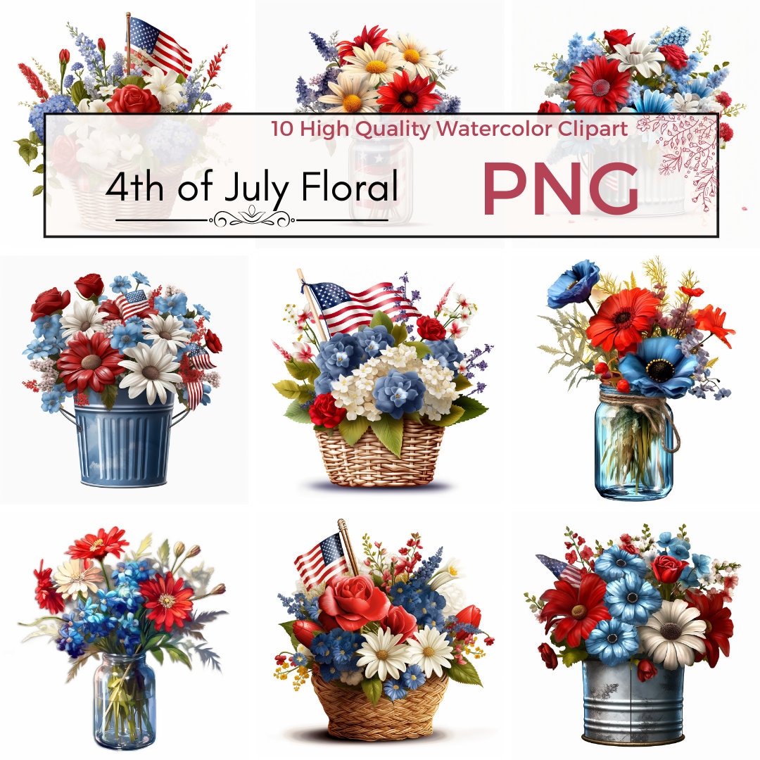 Watercolor 4th of July Floral Clipart Patriotic Floral - Etsy