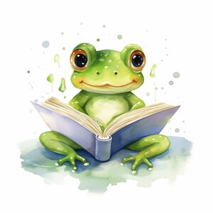 Watercolor Frog Reading Book Clipart, High Quality JPG, Cute Frog ...