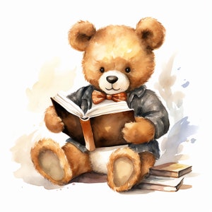 Watercolor Teddy Bear Reading Clipart, High Quality JPG, Cute Nursery ...