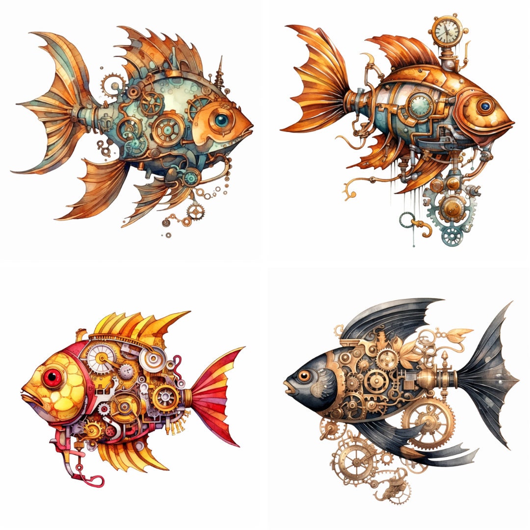 20 Watercolor Steampunk Fish Clipart Bundle Fish Print - Etsy