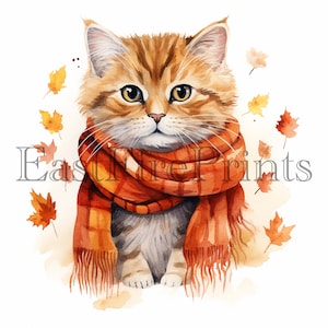 Watercolor Autumn Cat With Scarf Clipart, High Quality Png, Fall Cute ...