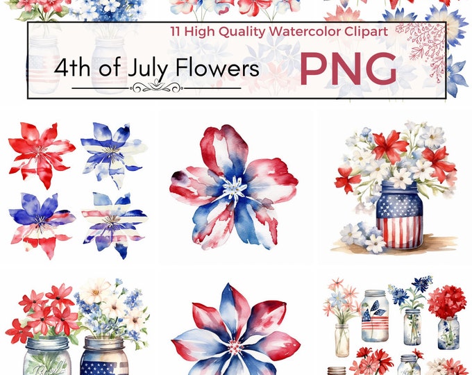 Watercolor 4th of July Floral Clipart Set 10 High Quality Jpgs Digital ...