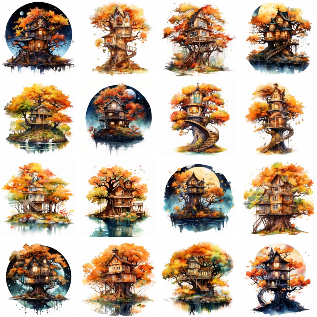 Watercolor Fall Tree House Clipart Forest Clipart Autumn - Etsy