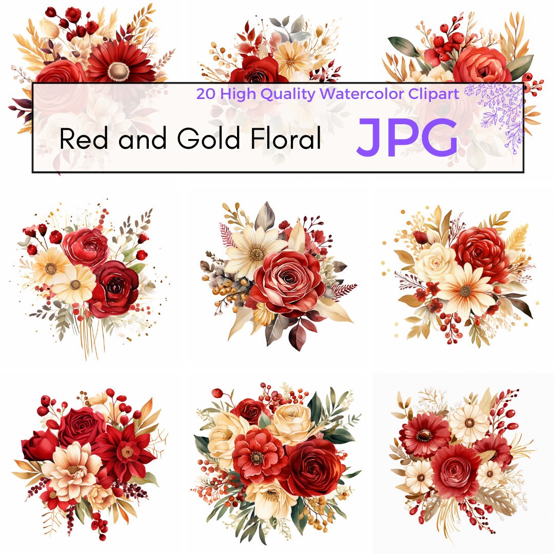 Watercolor Red and Gold Floral Clipart, High Quality JPG, Watercolor ...