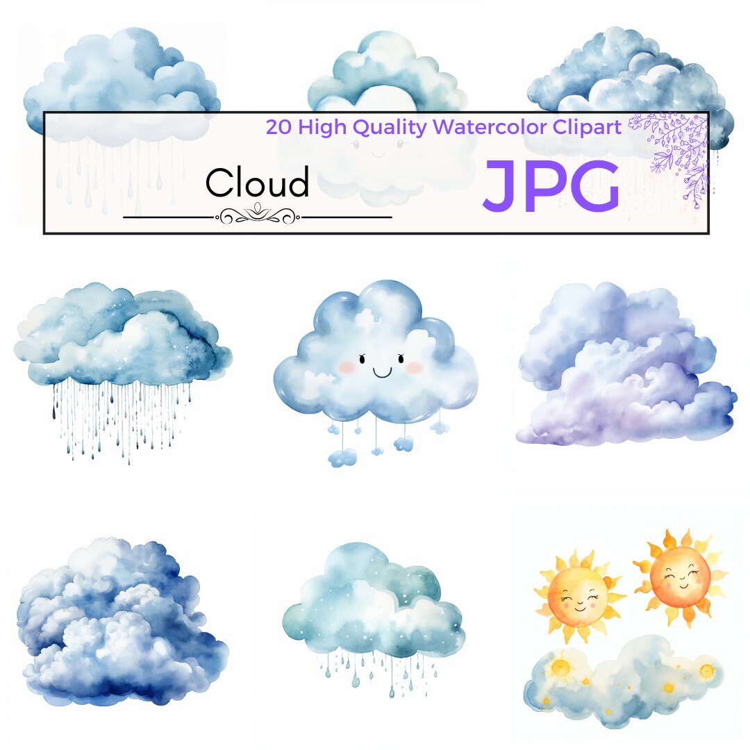Watercolor Cloud Clipart, Cute Clipart Nursery Clipart Children Cloud ...
