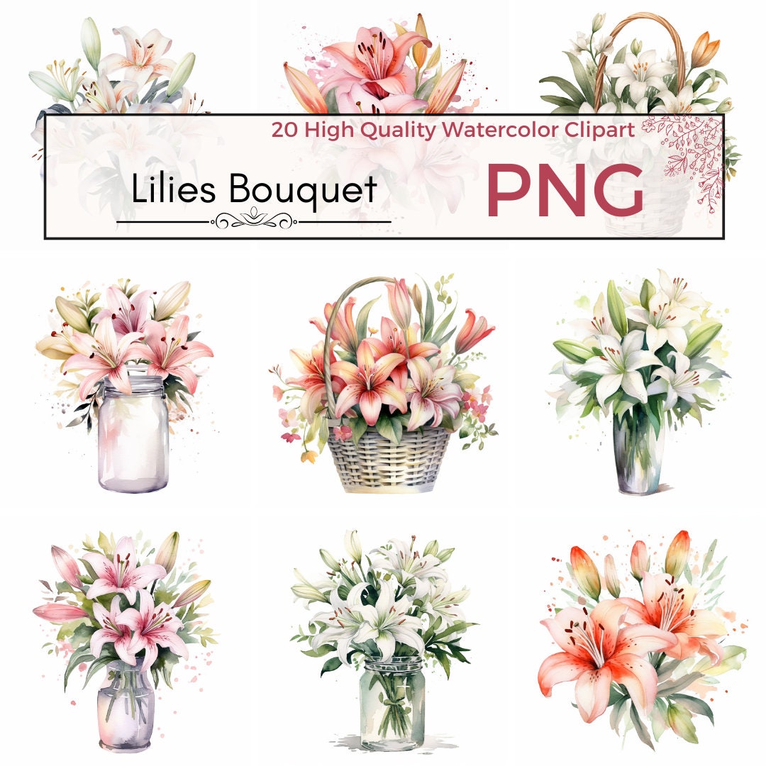20 Watercolor Lilies Bouquet Clipart Bundle | Hand-painted Floral ...