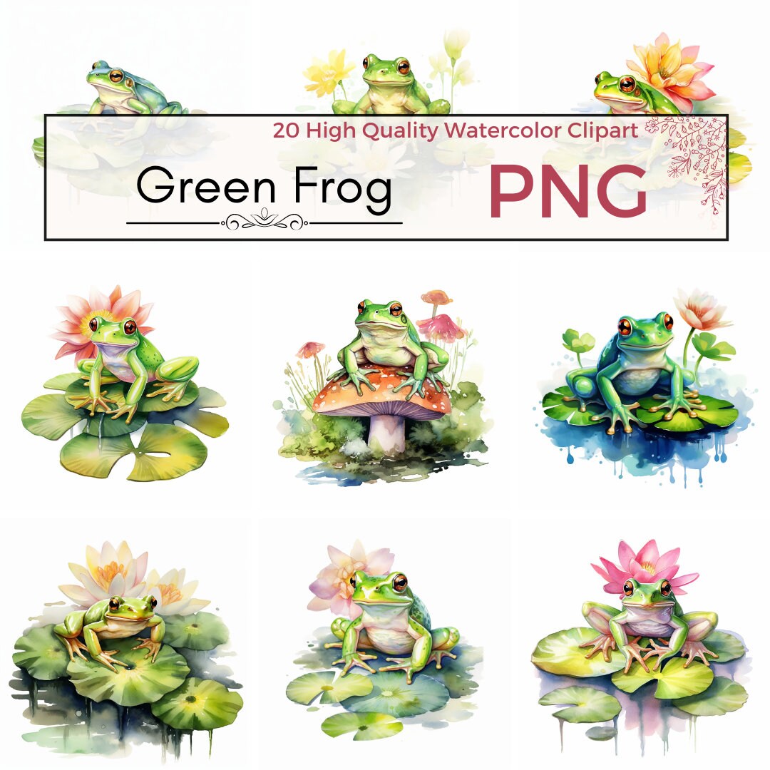 20 Watercolor Green Frog Clipart PNG, Cute Frog Floral Lily Pad Clip ...
