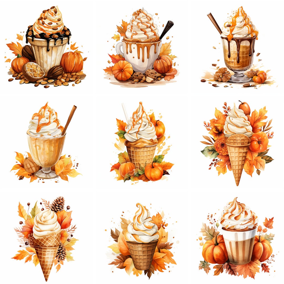Watercolor Autumn Ice Cream Clipart Dessert Art Halloween - Etsy