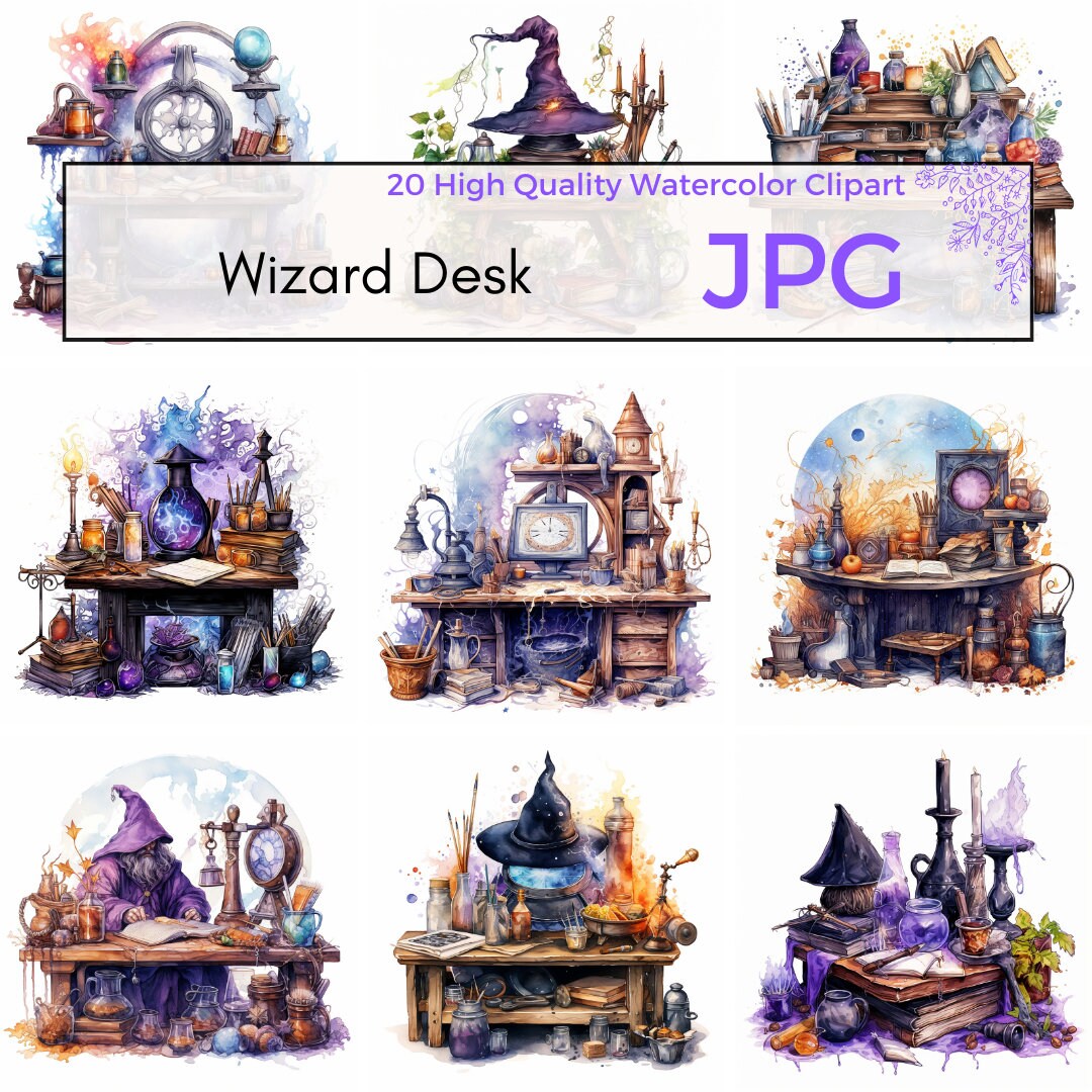Watercolor Wizard Desk Clipart, High Quality JPG, Magic Clipart, Wizard ...