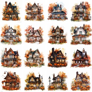 20 Fall House Watercolor Clipart, High Quality Png, Autumn Cottage ...