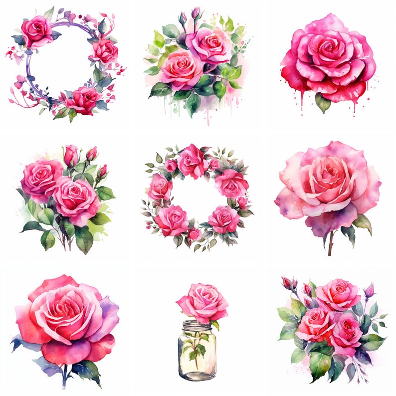 Watercolor Hot Pink Roses Clipart PNG Floral Clip Art Bright - Etsy