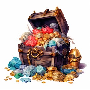 Watercolor Pirate Treasure Clipart, Treasure Chest Gold Coins Clipart ...