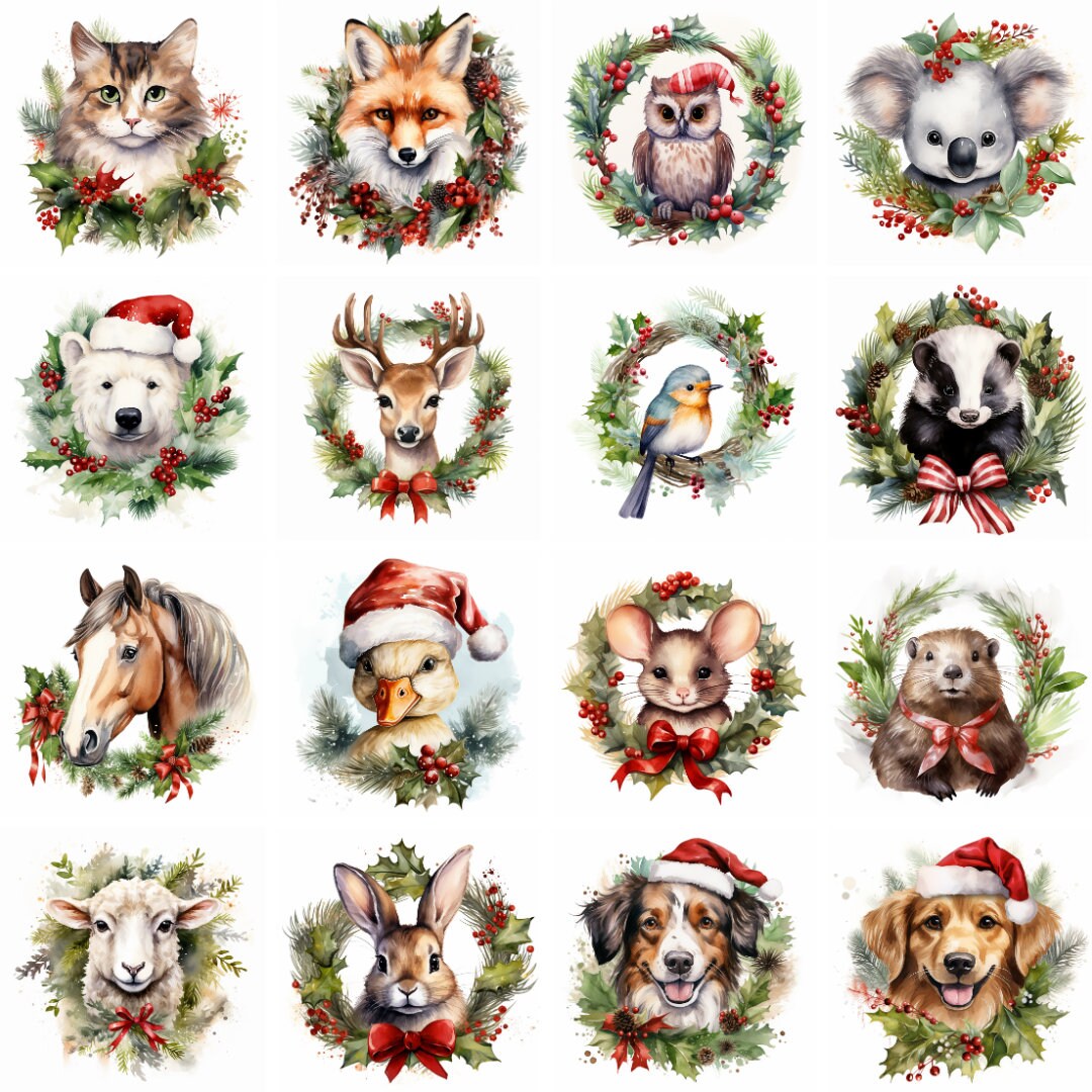 20 Winter Christmas Animals Watercolor Clipart, High Quality Png, Xmas ...