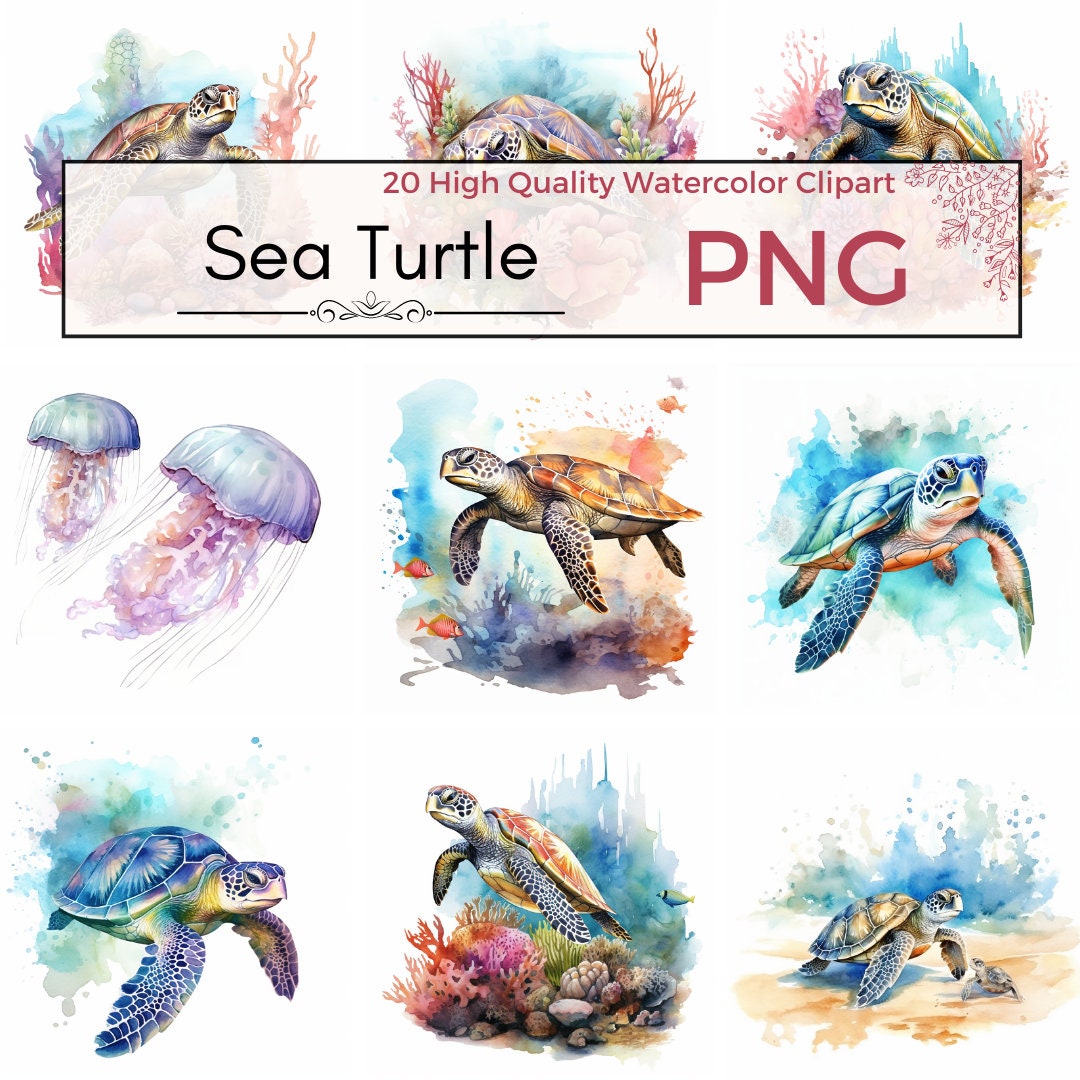 20 Watercolor Sea Turtle Clipart, PNG Instant Download, Cute Ocean ...