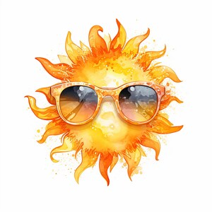 Watercolor Cool Sun Clipart, High Quality JPG, Sunglasses JPG, Summer ...