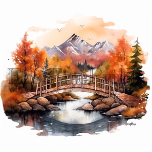 Watercolor Fall Bridge Clipart, Autumn Clipart, Halloween Art, Fall Art ...