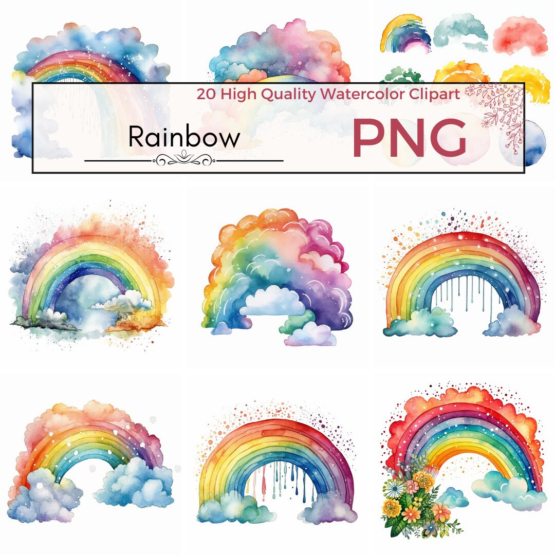 20 Watercolor Rainbow Clipart PNG, Baby Shower, Digital Scrapbooking ...
