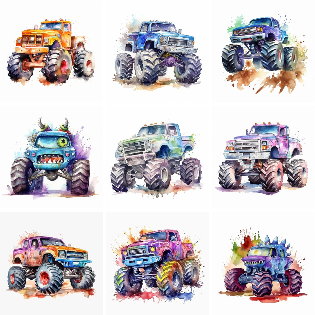 Set of 20 Watercolor Monster Truck Clipart Bundle Vehicle - Etsy