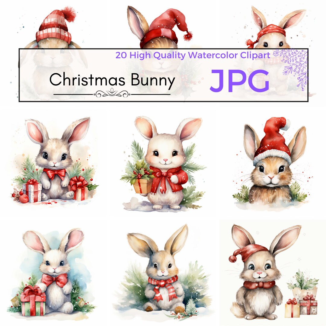 Watercolor Christmas Bunny Clipart, Christmas Rabbit Cute Bunny Art ...