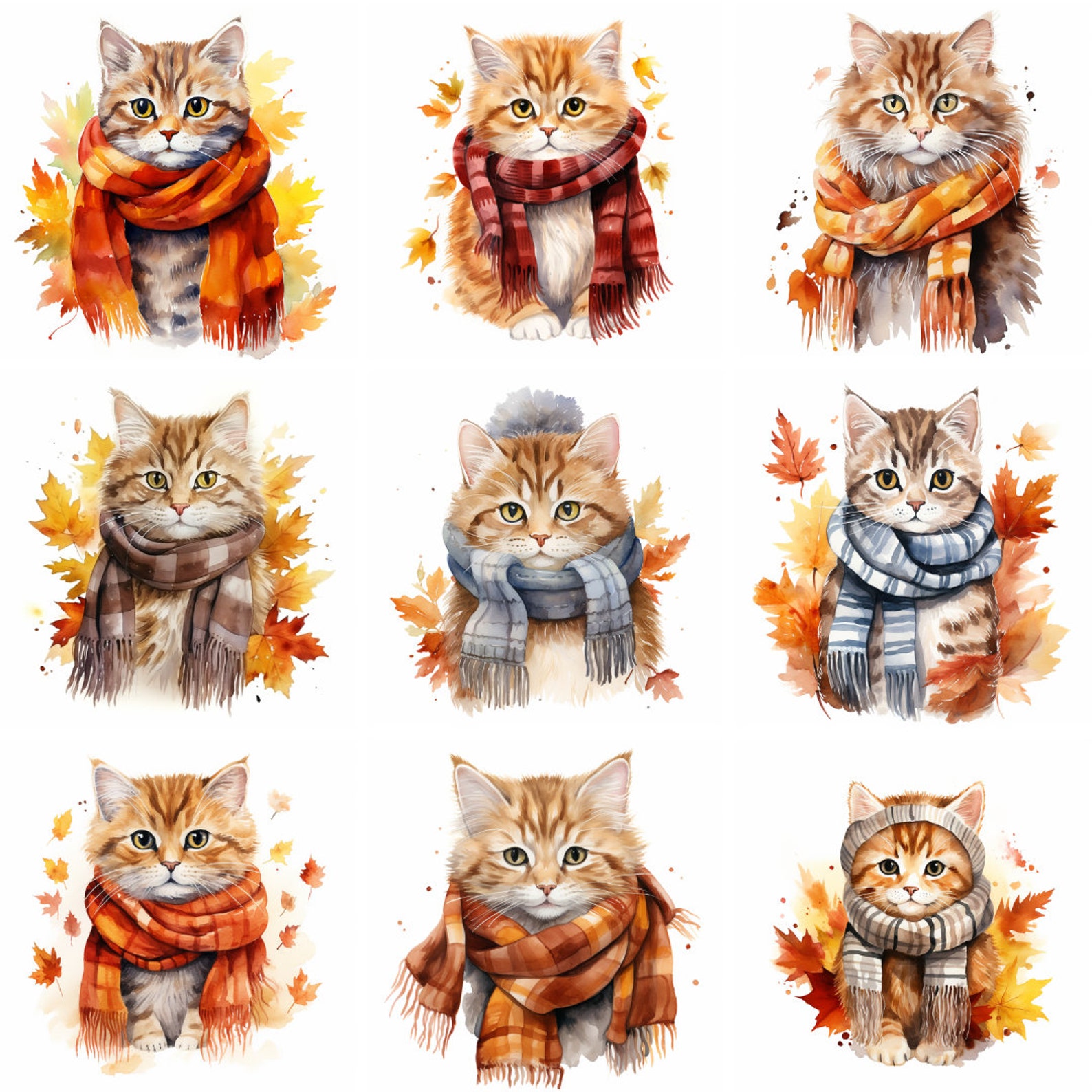 Watercolor Autumn Cat With Scarf Clipart, High Quality Png, Fall Cute ...