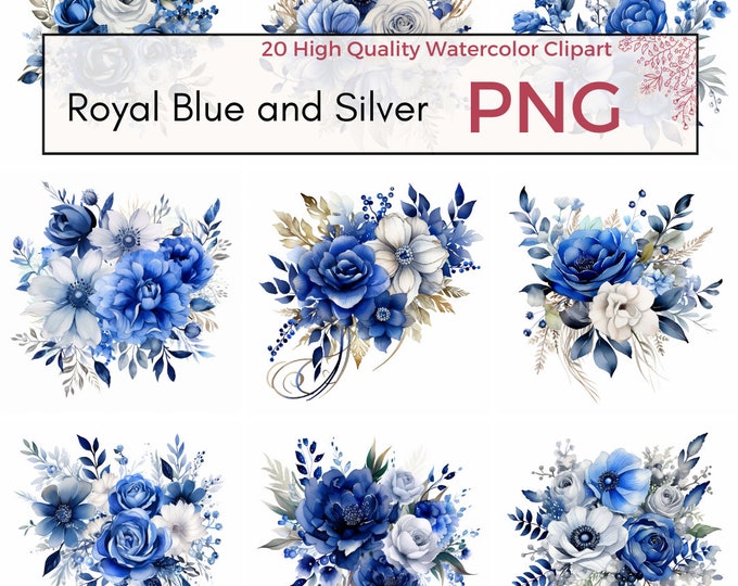 Navy and Silver Floral Clip Art, Rustic Silver Glitter Watercolor and ...