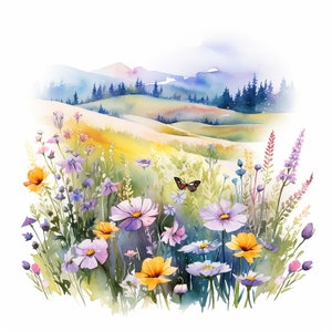 Watercolor Wildflower Meadow Clipart, High Quality JPG, Wildflower ...