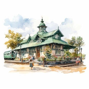 Watercolor Vintage Train Station Clipart, Train Clipart, Nursery ...