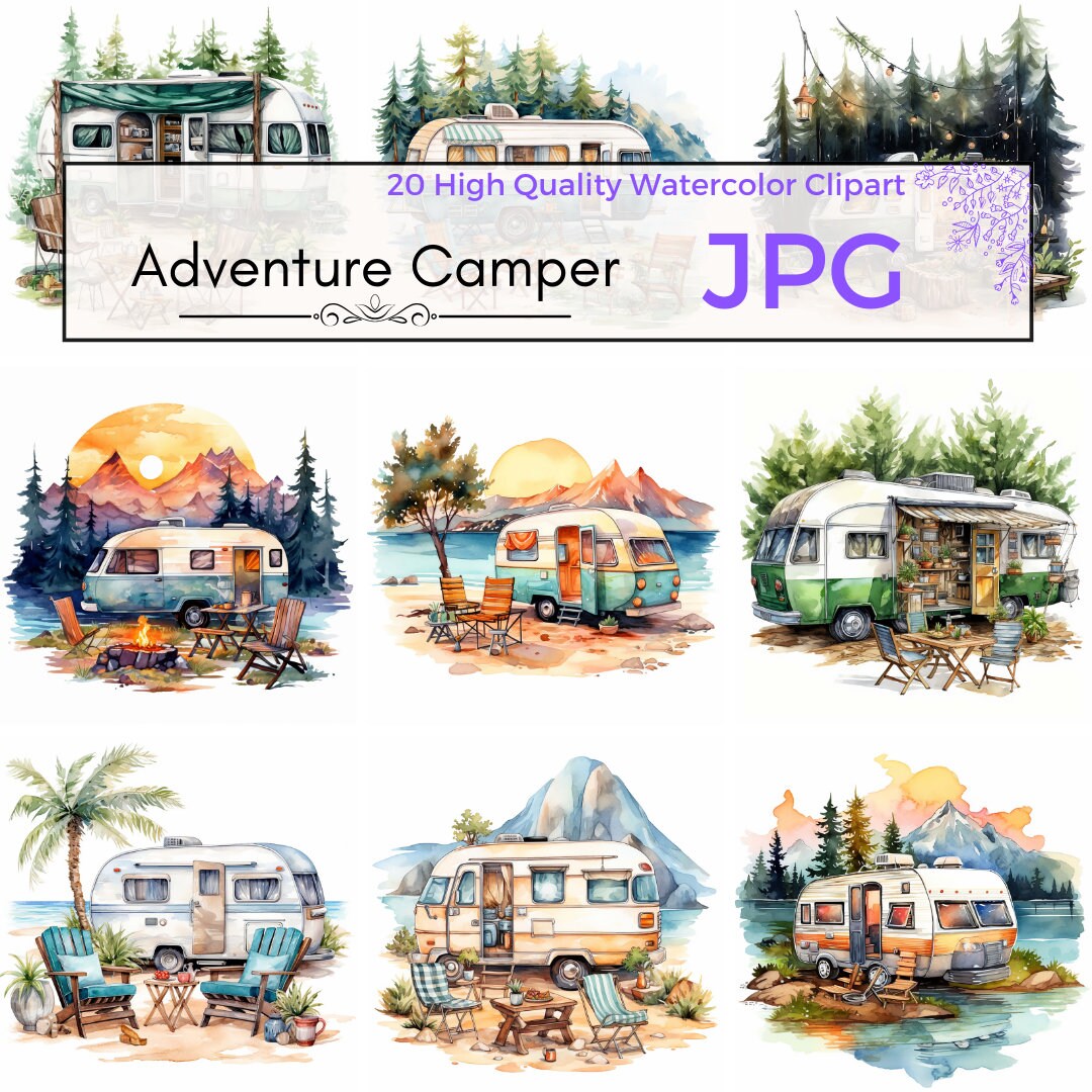 Watercolor Adventure Camper Clipart, Hiking Clipart, Camping Clipart ...