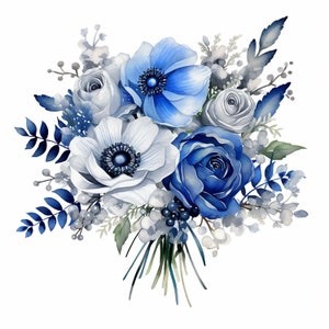 Watercolor Royal Blue and Silver Floral Clipart, Rustic, Wedding ...