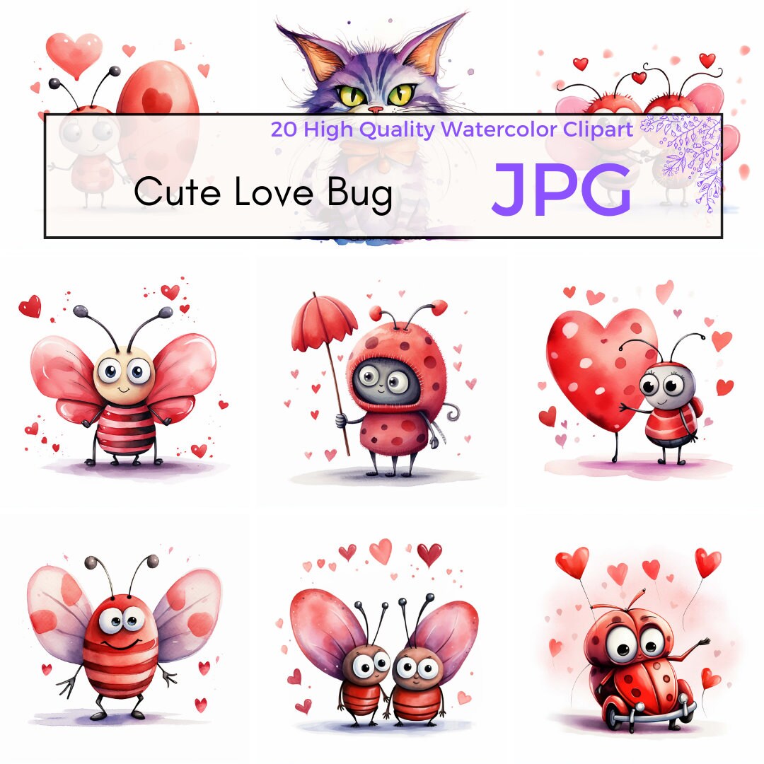 Watercolor Cute Love Bug Clipart, High Quality JPG, Valentines Day ...