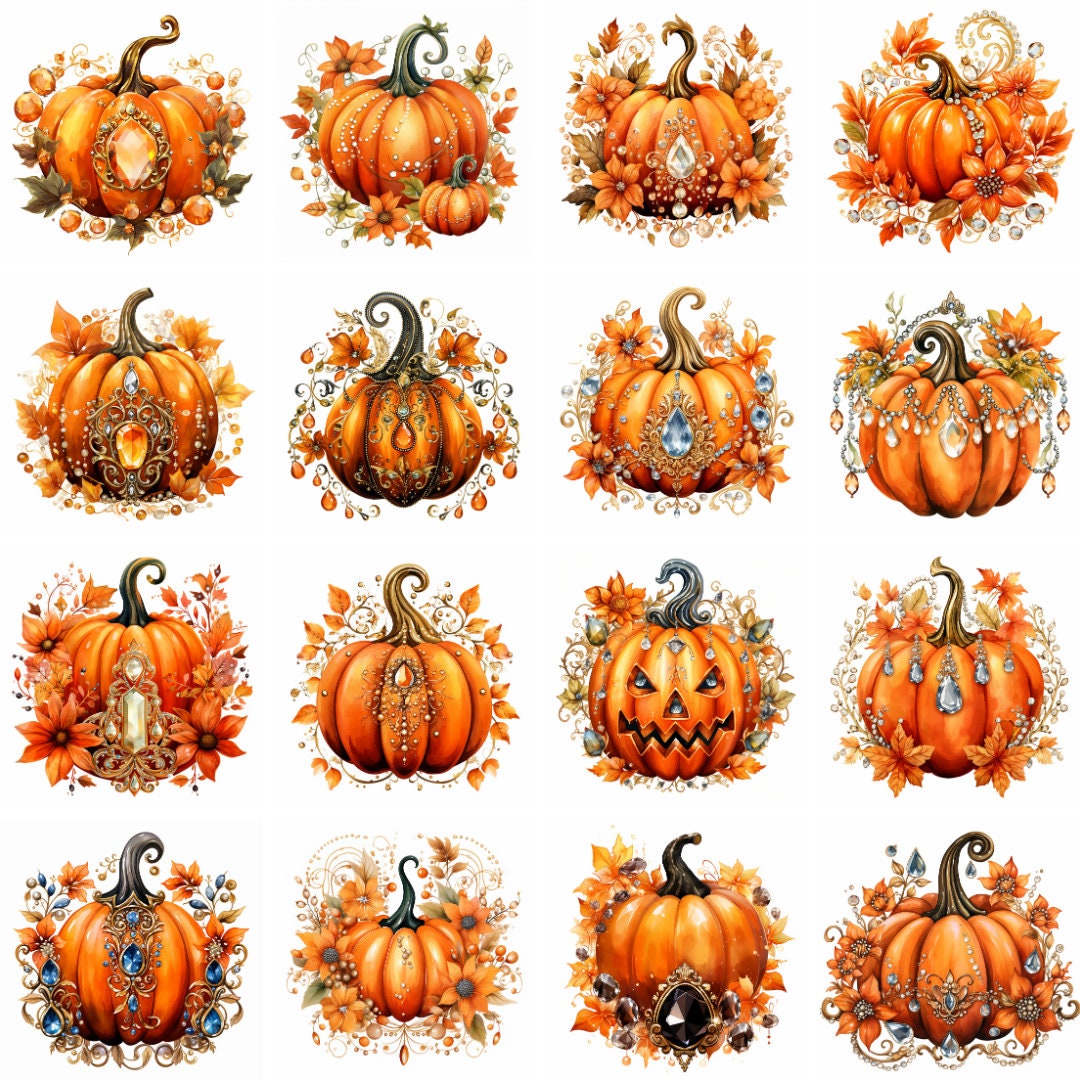 Gem Orange Pumpkin Clipart, Watercolor Clipart, Halloween Decor ...