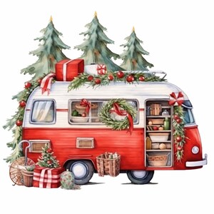 Watercolor Christmas Camper Van Clipart, High Quality JPG, Camper Clip ...