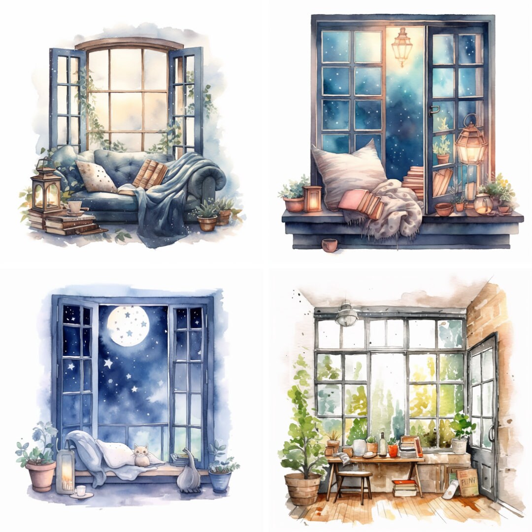 20 Watercolor Cozy Study Room Window Clipart Bookcase Rainy - Etsy ...