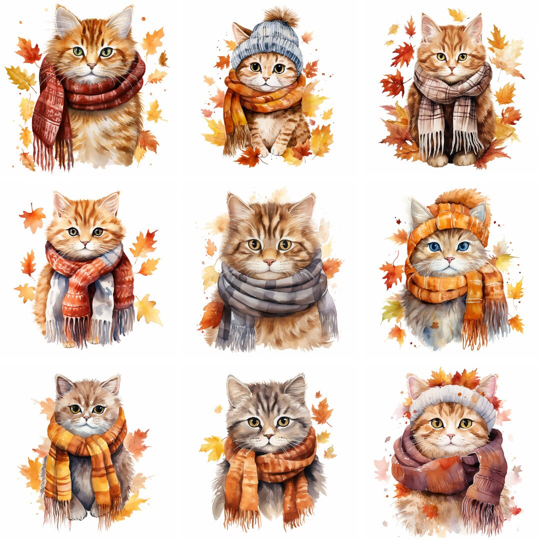 Watercolor Autumn Cat With Scarf Clipart, High Quality Png, Fall Cute ...