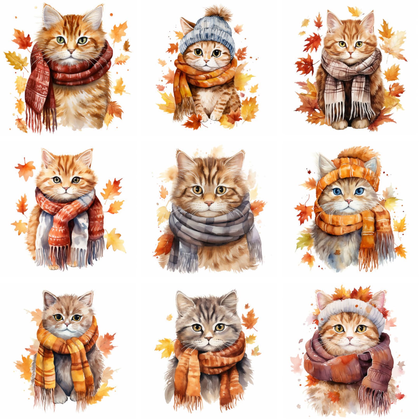 Watercolor Autumn Cat With Scarf Clipart, High Quality Png, Fall Cute ...