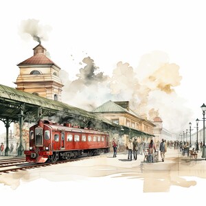 Watercolor Vintage Train Station Clipart, Train Clipart, Nursery ...